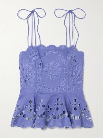 Zimmermann Haut À Basque En Lin À Broderie Anglaise, Festons Et Ornements Pop - Bleu