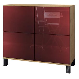 Vladon Kommode Rova V3, Moderner Küchenschrank mit 4 Push-to-Open Türen Eiche Evoke/Bordeaux Hochglanz (92,5 x 84.5 x 35)