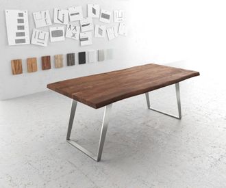 DELIFE Esstisch Edge 200x100 XL Akazie Braun Edelstahl Schr&auml;g Live-Edge, Esstische, Baumkantenm&ouml;bel, Massivholzm&ouml;bel, Massivholz