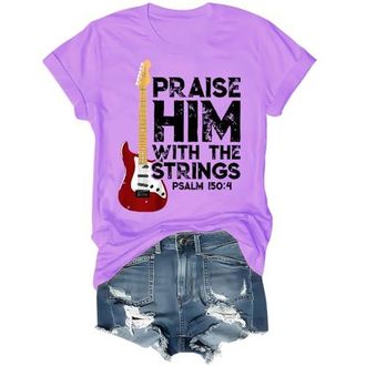 Generic T-shirt guitare chr&eacute;tienne &laquo; Praise Him with The Strings &raquo; pour femmes et hommes, violet clair, XL