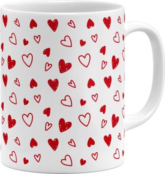 OM3 Herz-Muster Love Liebe Hearts Herzchen Tasse - Keramik Becher - 11oz 325ml - Beidseitig Bedruckt - Weiss