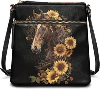 Coloranimal Sac &agrave; bandouli&egrave;re pour femme - Sac &agrave; bandouli&egrave;re &agrave; fermeture &eacute;clair - Sac &agrave; bandouli&egrave;re l&eacute;ger en cuir synth&eacute;tique, Cheval tournesol vintage