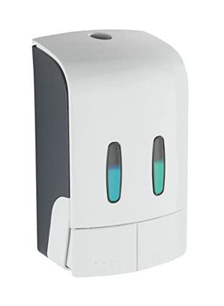 WENKO 2-Kammer Desinfektionsmittel- und Seifenspender Tartas Weiß, hygienischer Wand-Spender für Desinfektionsmittel, flüssige Seife etc. ohne Bohren, Füllm