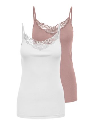 Only Longtop ONLY ONLLULU LACE SINGLET 2PACK CS JRS, Damen, Gr. XS, wei&szlig; (adobe rose pack:wei&szlig;), Jersey, Obermaterial: 100% Baumwolle, unifarben, h&uuml;ftlang,
