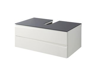 Byliving Waschtisch Shape/Moderne Bad Kommode/Front Hochglanz Wei&szlig; / 2 Schubladen mit gefr&auml;ster Griffeiste/Korpus Melamin wei&szlig;/Glasablage Grau/Schrank / 80 x 3
