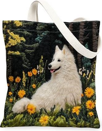 Generic Sac fourre-tout en toile motif chien schnauzer printanier 33 x 38,1 cm, style tricot&eacute;, sac d&eacute;picerie r&eacute;utilisable pour femme, peinture esth&eacute;tique amus