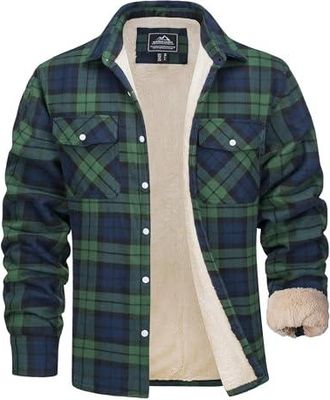 Magcomsen Veste dhiver pour homme - Doublée - Veste thermique à carreaux - Chemise de loisirs avec plusieurs poches - En coton - Chaude, vert, 3XL