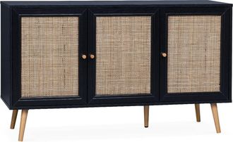 Alice's Garden Alices Home Sideboard aus Rohrgeflecht, schwarz 120x39x70cm - Boh&egrave;me - 2 Ebenen, 3 T&uuml;ren, skandinavischer Stil