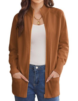 Grace Karin Langarm Strickjacke Daily Freizeit 50er Vintage Sweater mit Rei&szlig;verschluss Braun S