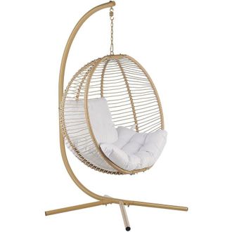 Beliani H&auml;ngesessel Beige Flechtseil mit Gestell aus Stahl inkl. Kissen Wei&szlig; Boho Stil Outdoor Indoor Garten Terrasse Balkon Au&szlig;enbereich