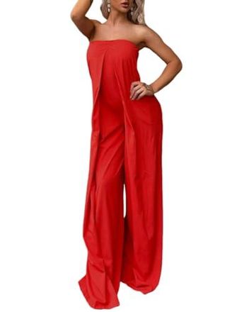 Minetom Combinaison Femme Chic &Eacute;paules D&eacute;nud&eacute;es Jumpsuit Une Pi&egrave;ce Tenue Mariage Soir&eacute;e F&ecirc;te Overall C Rouge XL