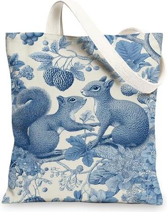 Generic Sacs fourre-tout en toile motif écureuil respectueux de lenvironnement, réutilisables, vintage, botanique, léger, lavable pour les voyages, bleu, 13x1