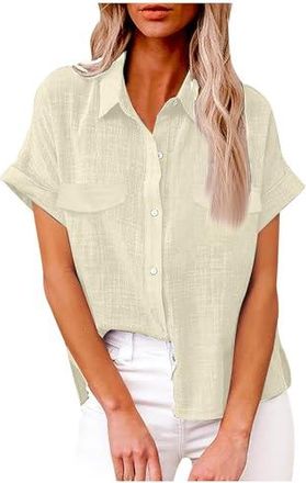 Generic Chemise en lin pour femme boutonn&eacute;e d&eacute;contract&eacute;e col en V manches courtes chemises amples surdimensionn&eacute;es en coton m&eacute;lang&eacute; haut tendance chemisier, b