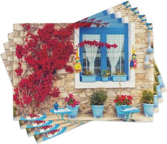 Abakuhaus Küsten Platzmatten, Italian Design Mediterranes Haus mit griechischem Windows-Print, Tiscjdeco aus Farbfesten Stoff für das Esszimmer und Küch, Hellbr