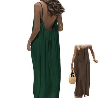 Generic Robe caraco dos nu de couleur unie pour femme, robe longue d&eacute;contract&eacute;e pour la plage, les vacances, vert fonc&eacute;, XS
