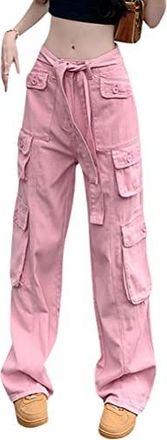 Onsoyours Femme Jeans Y2K Cargo Pantalon Casual Vintage Baggy Boyfriend Pants Coupe Droite Denim Pantalon avec Poche Taille Haute Trousers Streetwear Z3 Rose L