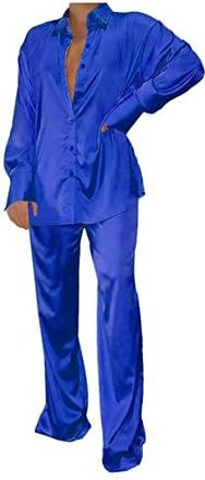 Generic 2026 Femme Ensemble 2 Pi&egrave;ces Costume Satin Bouton Manches Longues Chemisier Blouse + Pantalon Ensemble de Pyjama Jogging Yoga Outfits