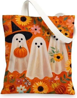 Generic Sacs fourre-tout en toile motif fantôme, motif esprit, réutilisable, fantaisie, floral, léger, lavable, sacs en toile pour le shopping, lextérieur, le