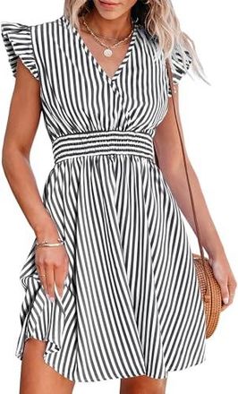 Cupshe Mini robe d&eacute;t&eacute; pour femme avec col en V et manches flottantes ray&eacute;e et taille smock&eacute;e, Noir &agrave; rayures, Taille L