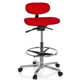 hjh OFFICE 608331 Arbeitsstuhl hoch Work MF Stoff Rot Stehhilfe B&uuml;ro Drehhocker mit Lehne & Rollen, h&ouml;henverstellbar