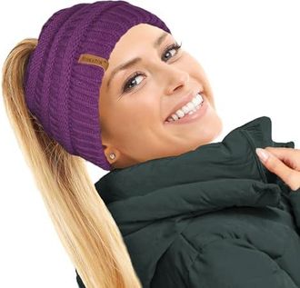 TOSKATOK Dames Femmes Bonnet Queue de Cheval Plaine Chignon décoiffé Hiver Beanie Chapeau Cap Serre-tête-Taille Unique-Violet