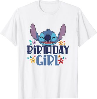 Disney Lilo & Stitch Birthday Girl Smile Stitch Floral Logo T-Shirt