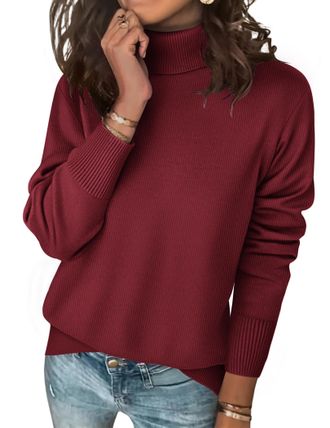 Zeagoo Pullover Damen Winter Rollkragenpullover Warm Oversized Strickpullover Rollkragen Stricken Pulli Gestricktpullover Casual Lose Langarm Oberteile Weinr