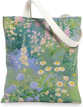 Generic Sacs fourre-tout en toile à motif floral artistique, sacs dépicerie réutilisables, légers et lavables en toile avec bandoulière, vert, 13x15 Inch