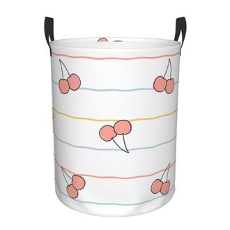 Generic Rosa Kirschen Auf Gestreiftem Korb W&auml;sche Rund W&auml;schekorb Stehender W&auml;schebeh&auml;lter F&uuml;r W&auml;schekammer Badezimmer Schlafzimmer