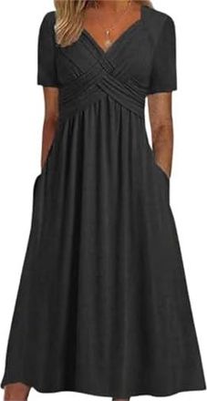 Generic Robe d&eacute;t&eacute; &agrave; manches courtes avec col en V et manches courtes crois&eacute;es sur le devant pour femme - Robe d&eacute;t&eacute; fluide avec poches, Noir, 3XL