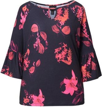 Ulla Popken T-Shirt Shirt Bl&uuml;ten Rundhals Keyhole 3/4-Volant&auml;rmel