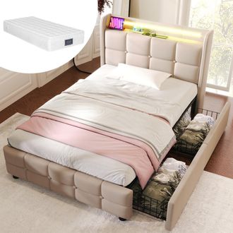 Myboo Polsterbett Einzelbett 90x200 cm, LED Jugendbett Stauraumbett Funktionsbett Bettgestell mit 2 Schubladen und Holz Lattenrost, Kopfteil mit USB Ladefun