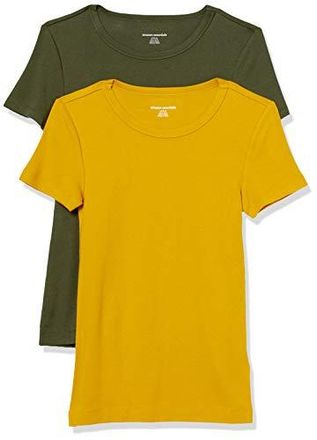 Amazon Essentials T-Shirt Col Rond à Manches Courtes Coupe Ajustée Femme, Lot de 2, Or/Vert Olive, XXL