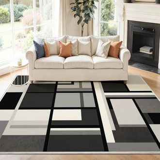 Generic Tapis 120 x 170 cm Lavable Poil Ras Anti Slip Chambre - R&eacute;tro G&eacute;om&eacute;trique &Agrave; Carreaux Blocs De Couleur Th&egrave;me Tapis de Salon, Gris Moquette Decoration M