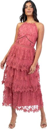 Maya Womens Midi Dress Ladies Sleeveless Halterneck Floral 3D Lace Tiered Wedding Guest Occasion Garden Party Cocktail, Rosa 40