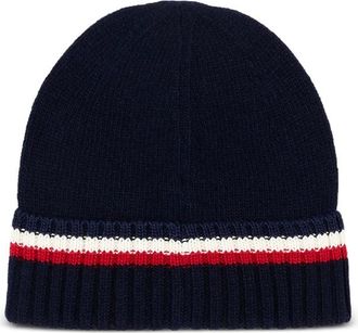 Moncler M4281 Striped Wool Knit Beanie - Navy