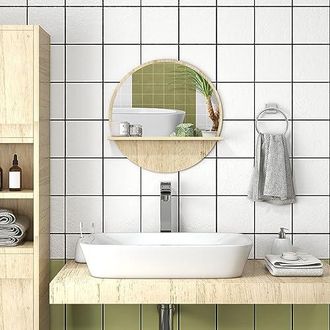 Kleankin Miroir Rond Mural de Salle de Bain Miroir avec &eacute;tag&egrave;re de Rangement - &Oslash; 45 x 10H cm - Effet Bois Naturel