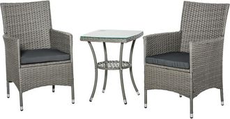 OUTSUNNY Ensemble salon de jardin 2 places : 2 fauteuils et table basse plateau verre tremp&eacute; r&eacute;sine tress&eacute;e imitation rotin avec coussins gris