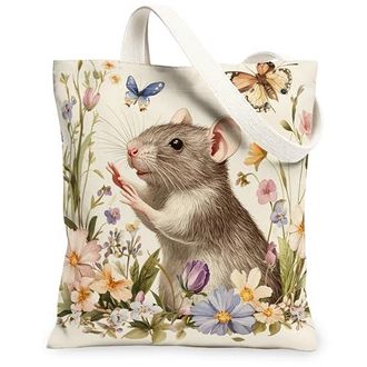 Generic Sac fourre-tout en toile motif rat printanier et souris pour le shopping, 33 x 38,1 cm, sac d&eacute;picerie r&eacute;utilisable pour femme, motif animal, peinture 