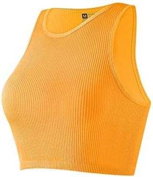 Generic Débardeur de Noël pour femme - Côtelé sans coutures - Pour entraînement - Sans manches - Dos nageur - Crop Top avec dentelle, jaune, M