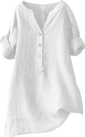 Generic Chemises d&eacute;t&eacute; pliss&eacute;es en lin 2025 pour femmes, hauts en gaze pliss&eacute;s brod&eacute;s, v&ecirc;tements de f&ecirc;te d&eacute;contract&eacute;s &agrave; manches 3/4, col montant, surdimensionn