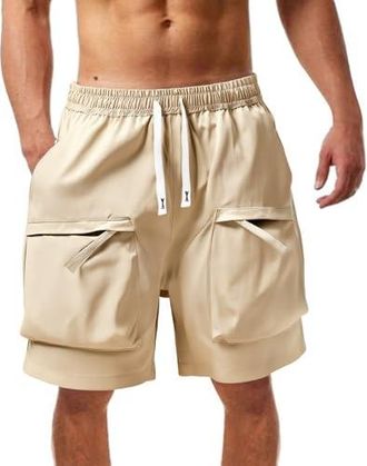 Generic Short d&eacute;t&eacute; cargo pour homme, pantalon de combat uni avec cordon de serrage, taille &eacute;lastique, longueur genou, short pour la gym, le motard, la course 