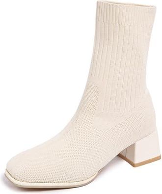 Generic Bottines en tricot extensible pour femme avec bout carr&eacute; et talon bloc &agrave; enfiler, beige, 40.5 EU