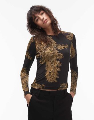 AllSaints Katlyn - Lang&auml;rmliges Oberteil in Schwarz und Gold mit Print