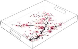 Mnsruu Rosa Sakura-Blumen-Serviertabletts aus Acryl, transparentes rechteckiges Tablett mit Griffen, Servierplatte f&uuml;r Couchtisch, K&uuml;che, Badezimmer