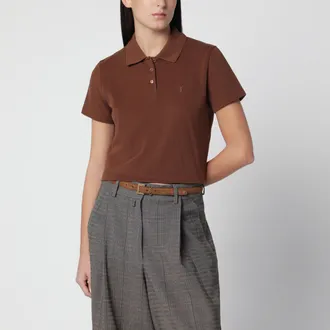 Saint Laurent Cropped-Poloshirt aus Baumwollpiqu&eacute; in Karamell