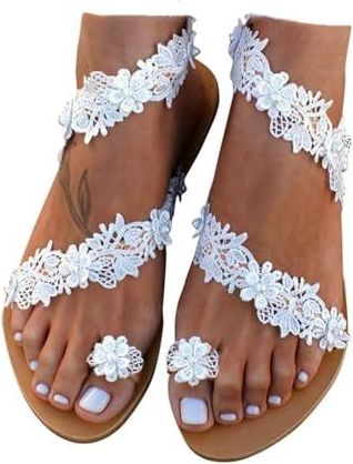 Generic Sandales plates &agrave; enfiler avec strass pour femme - Avec sangle de cheville - Perles scintillantes - Large largeur - Style boh&egrave;me - Confortables - Pour