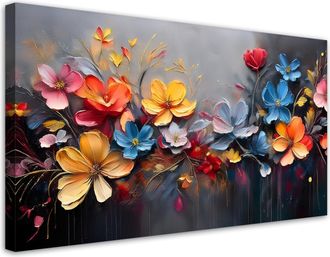 Feeby Leinwand Bilder - Bild Wohnzimmer - Gemalte Komposition aus Blumen - 120x60 1tlg - Deko Schlafzimmer Groß - Dekoration Canvas - Gemälde - Modern Wandb