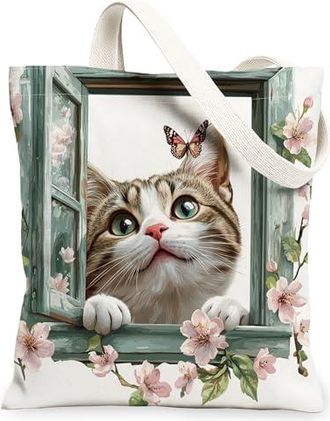 Generic Sac fourre-tout en toile motif chats de printemps pour faire du shopping, 33 x 38,1 cm, motif floral amusant, sac &agrave; bandouli&egrave;re r&eacute;utilisable pour femm