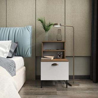 Hanah Home Scandinavian Nightstand, Walnut & White, 45 x 83 x 22.5 cm | 100% Melamine Coated Particle Board, 18 mm Thick | Stylish & Functional for Modern Bedroo